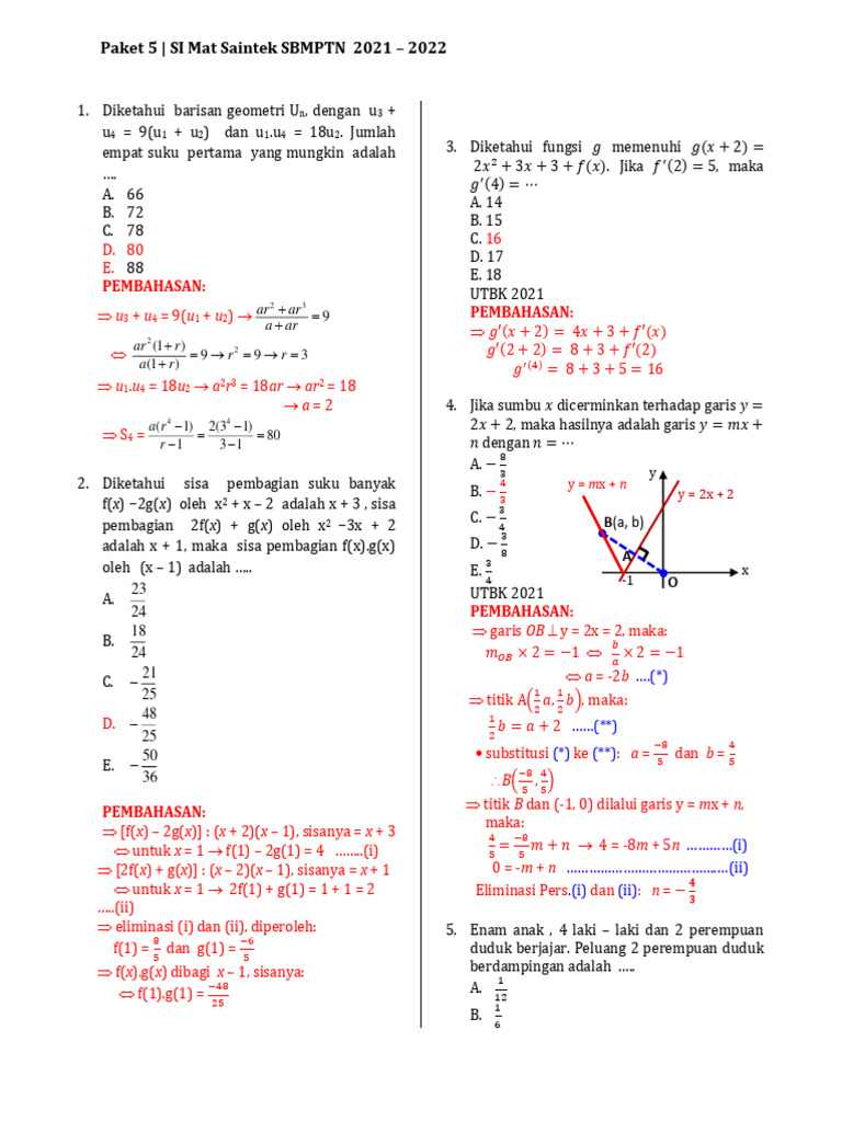 (Pembahasan) Soal KP SI SBMPTN Matematika Saintek - Paket 5 TA 21 - 22 | PDF