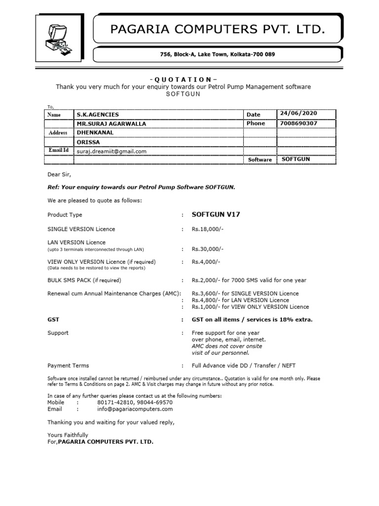 Quotation Softgun S.K. Agencies Dhenkanal | PDF | Computing