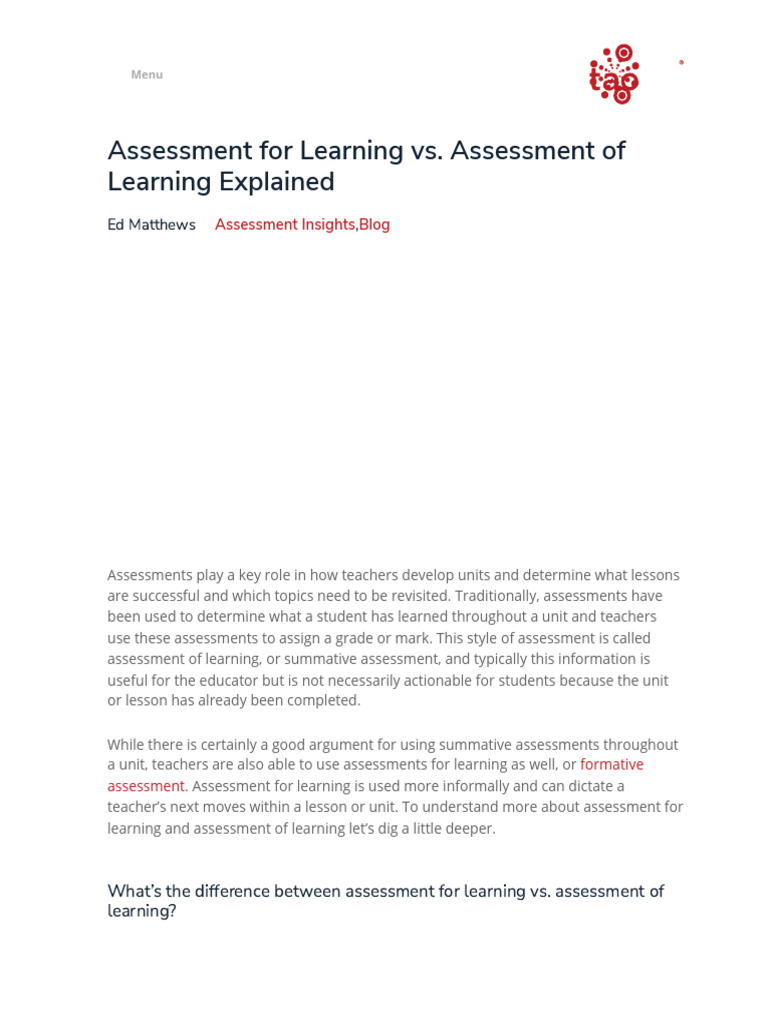 Assessment for Learning vs. Assessment of Learning Explained _ TAO | PDF | Educational ...