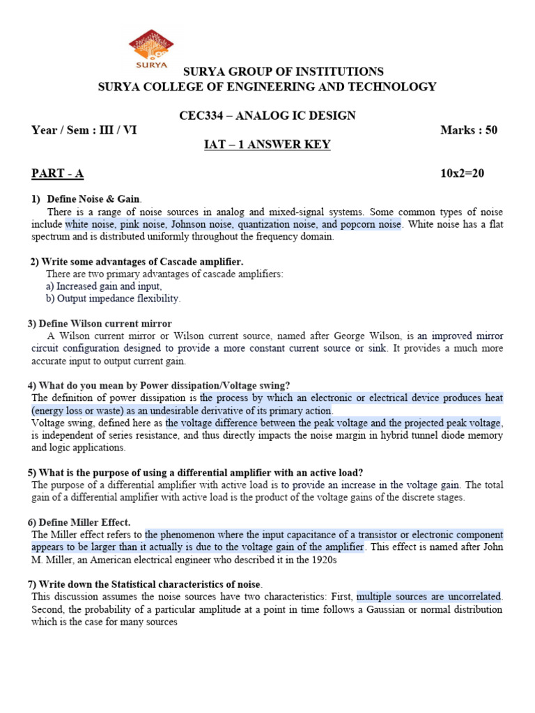 AIC IAT - 1 Answer Key | PDF | Amplifier | Operational Amplifier AIC IAT - 1 Answer Key | PDF | Amplifier | Operational Amplifier