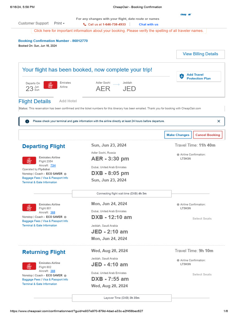 CheapOair - Booking Confirmation - CAPT YURIY BROVA | PDF