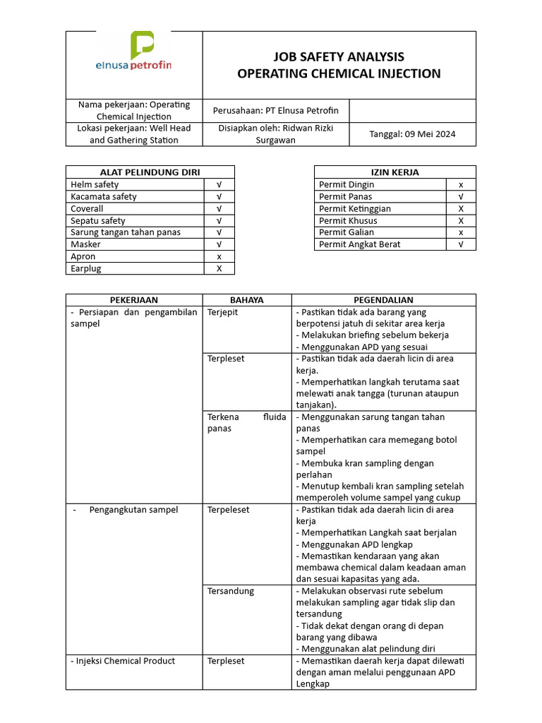 Job Safety Analysis Operating Chemical Injection Epn | PDF