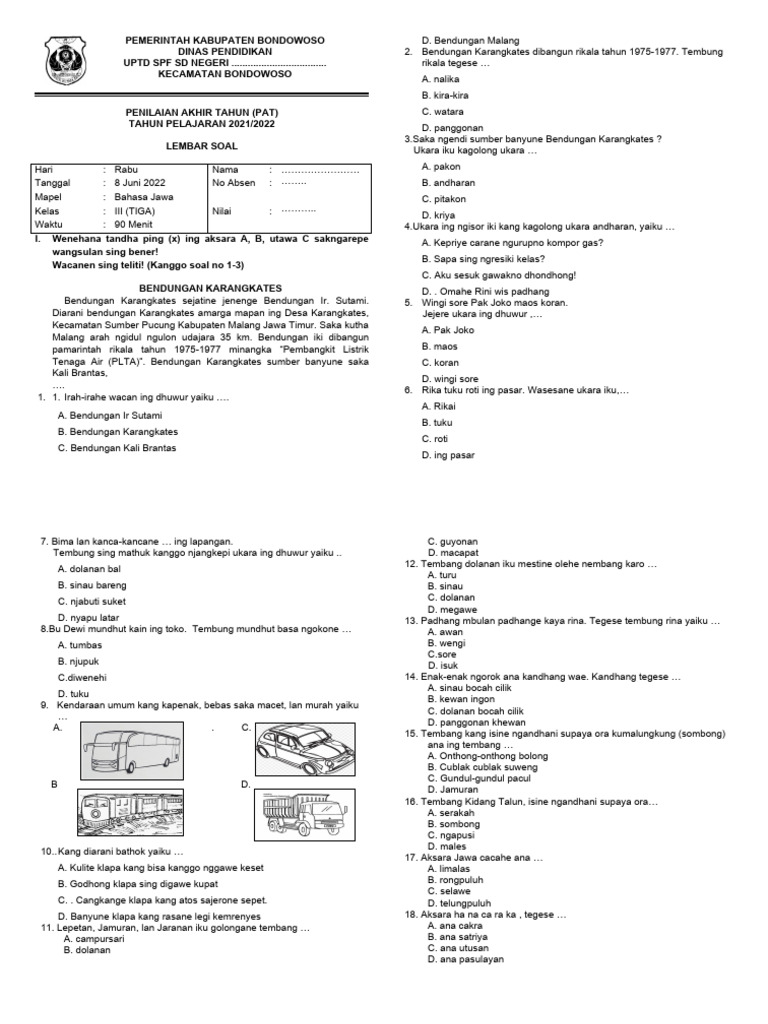 Bhs Jawa Soal Kls 3 | PDF