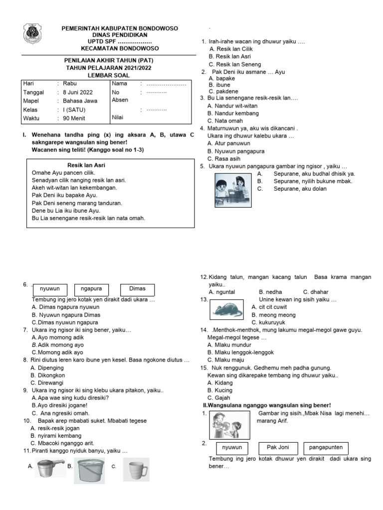 Bhs Jawa Soal PAT Kls 1 | PDF