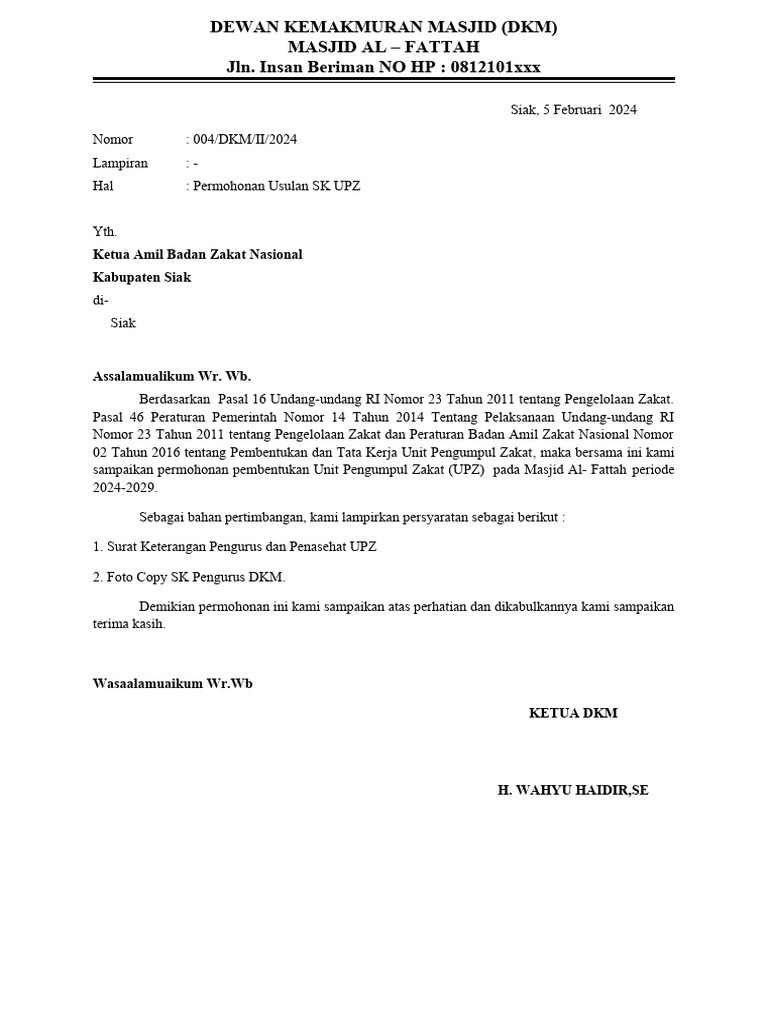 Contoh Permohonan UPZ Masjid & Mushalla | PDF