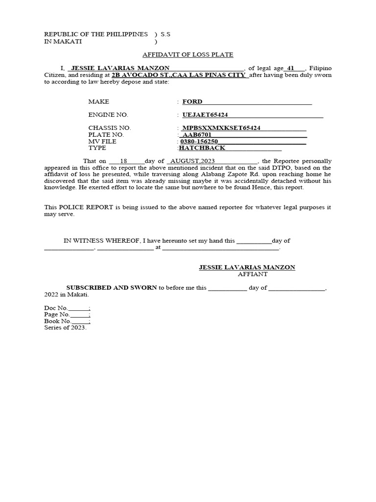 Affidavit of Loss Plate | PDF | Social Science