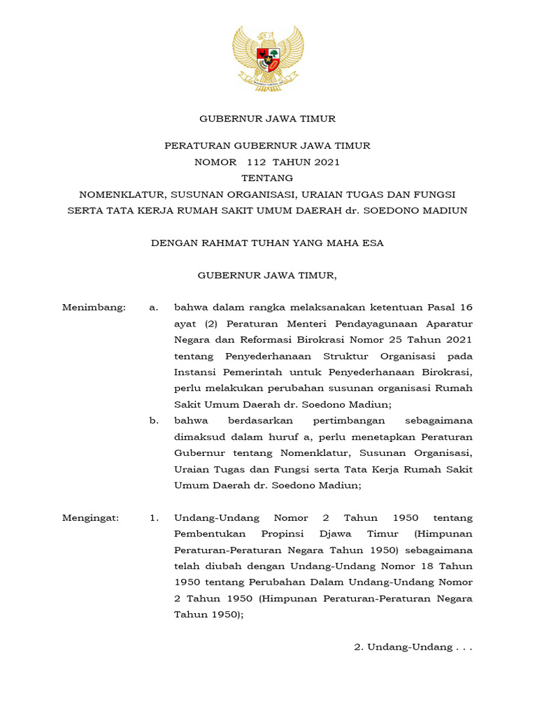 Peraturan Gubernur Jatim RSUD dr. Soedono | PDF