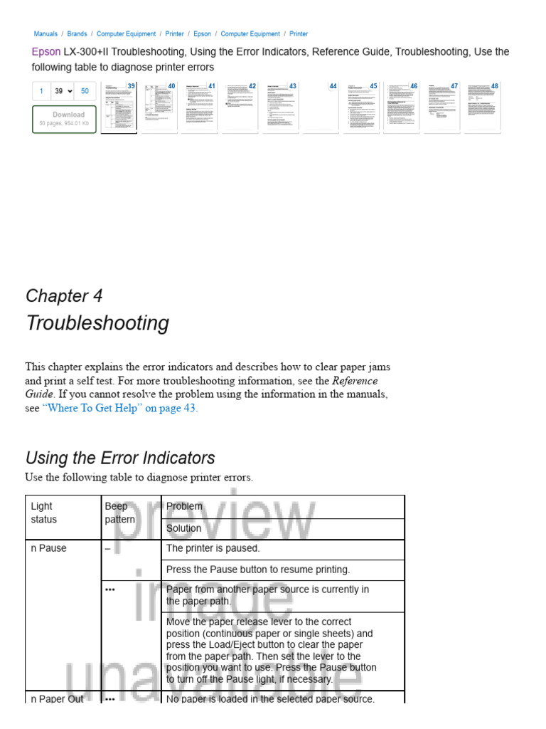 Epson LX-300+II Troubleshooting, Using The Error Indicators, Reference ...