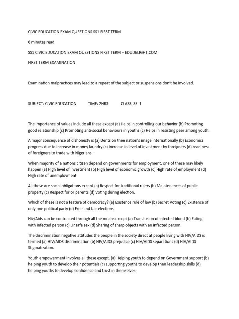 Civic Education 1st Term Ss1 | PDF | Elections | Hiv/Aids