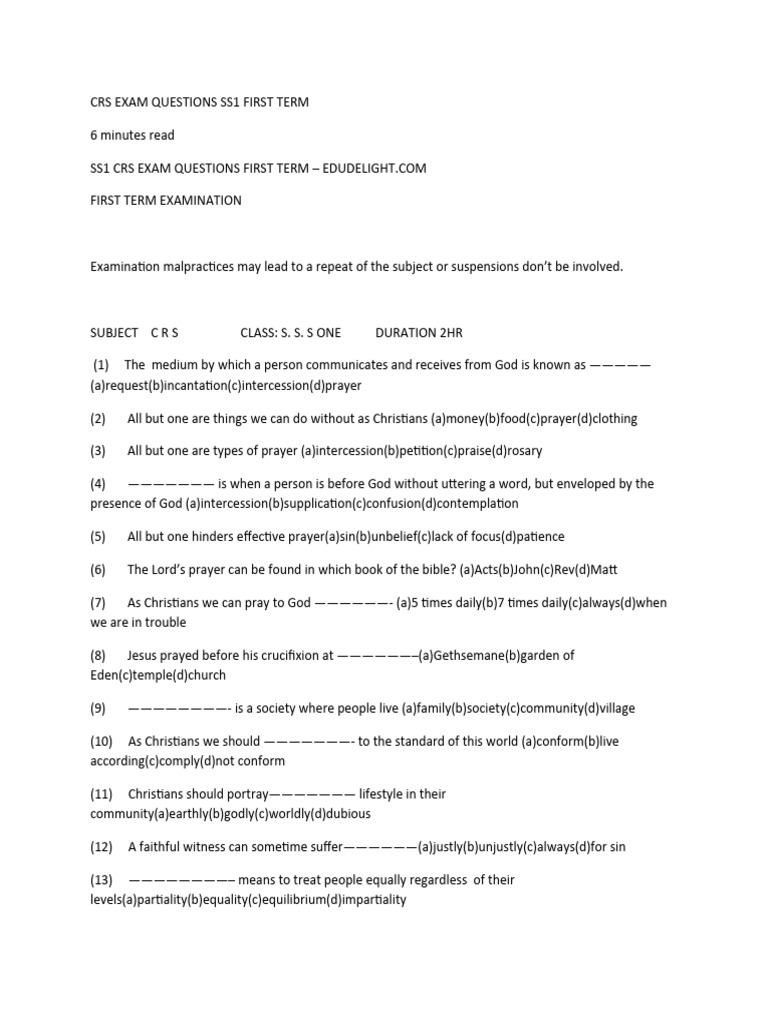 CRS EXAM Ss1 1st Term | PDF | Justification (Theology) | Salvation