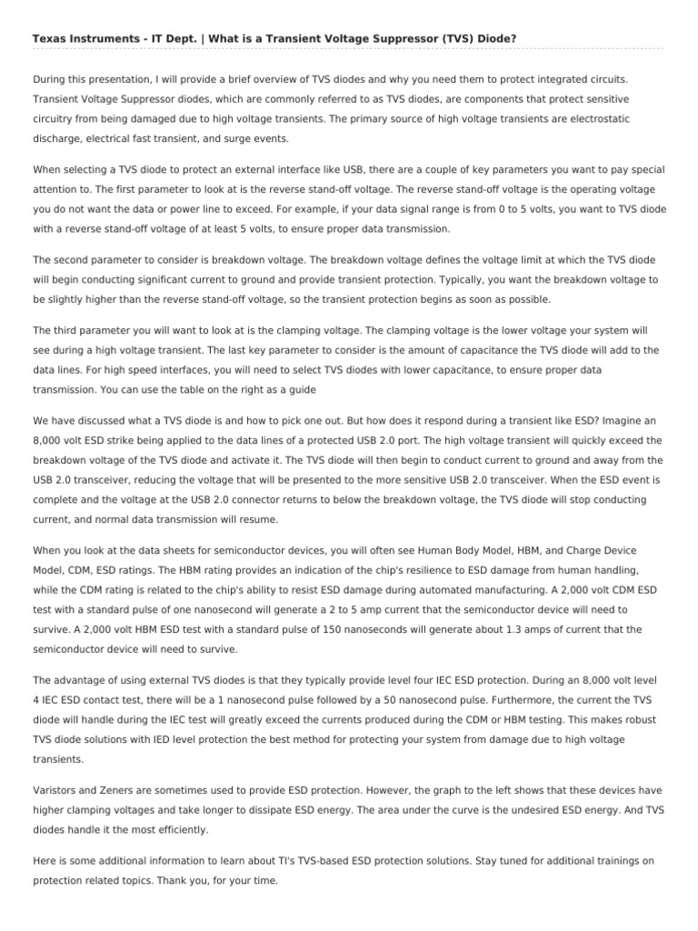 What Is A Transient Voltage Suppressor (TVS) Diode | PDF | Diode | Electrostatic Discharge