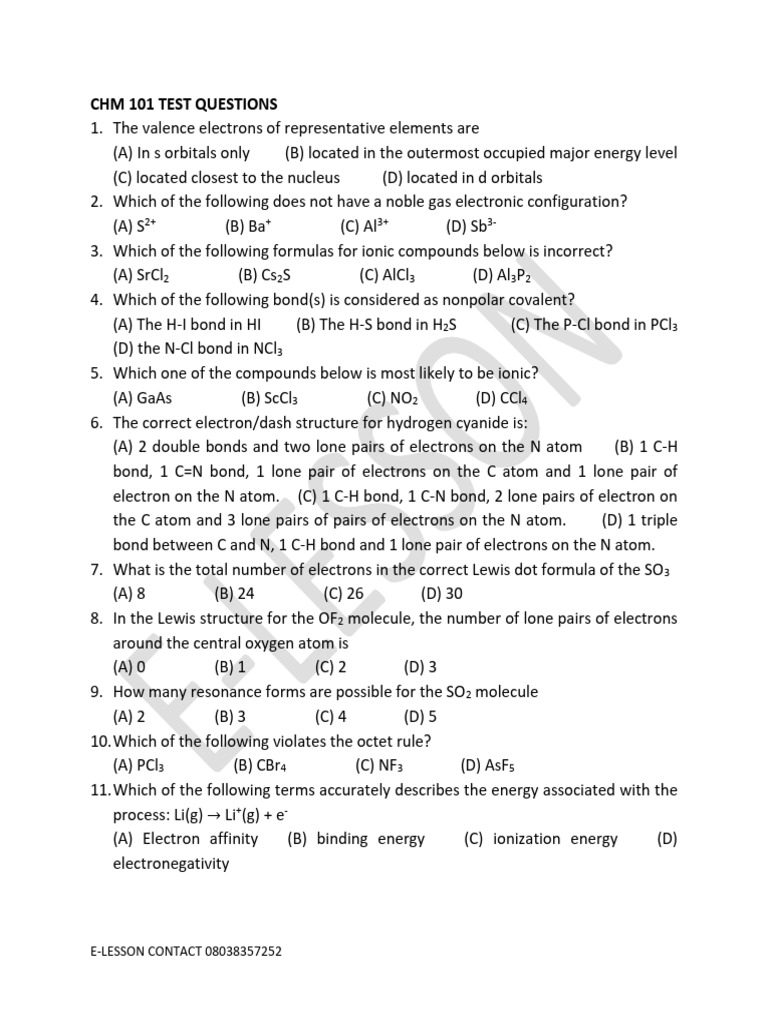 CHM 101 Test Questions-2 | PDF | Chemical Bond | Covalent Bond