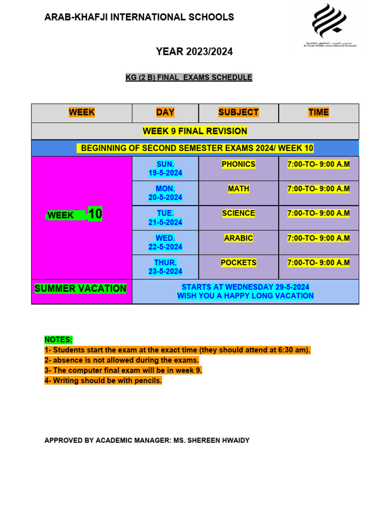 KG 2 (B) Exams Schedule | PDF