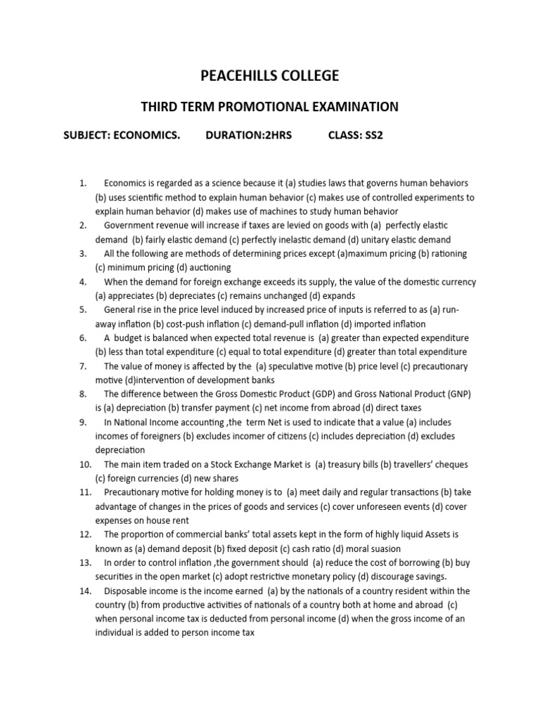 SS2 Economics Third Term Exam Questions | PDF | Elasticity (Economics ...
