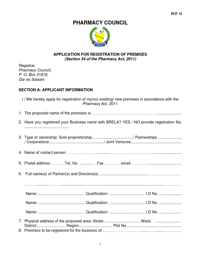 Application For Registration of Premises - pcf.12 | PDF | Pharmacist ...
