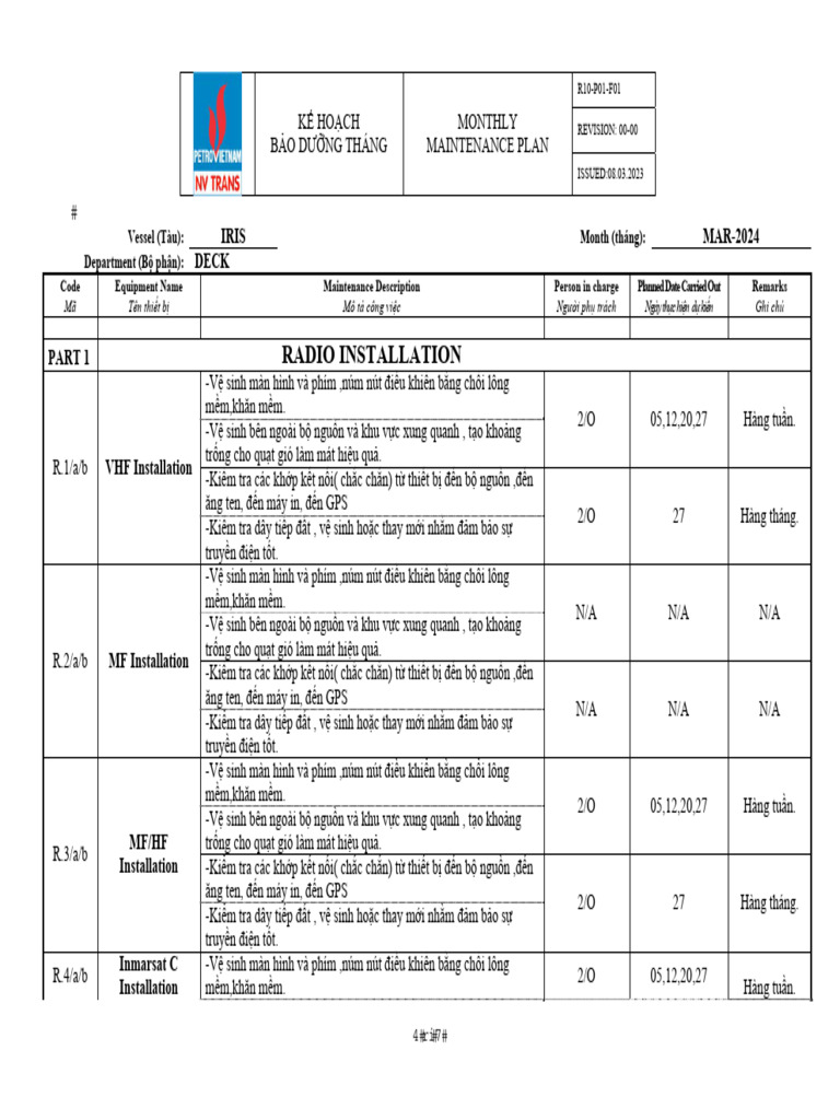 Iri-R10-P01-F01-022024 Monthly Maintenance Plan | PDF