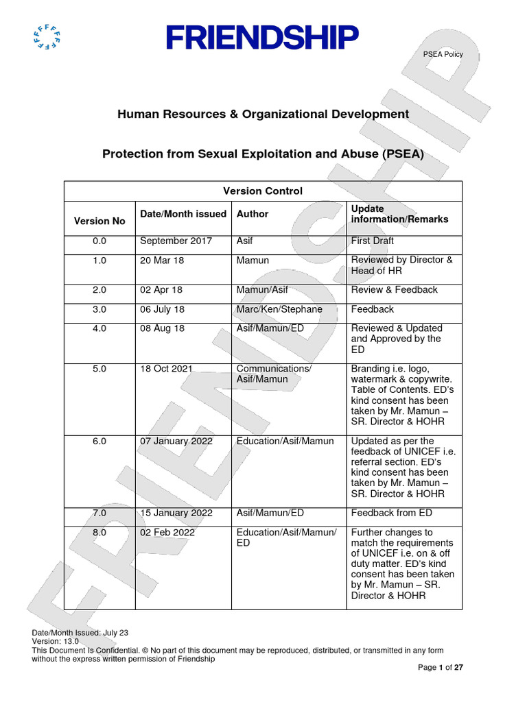 Protection From Sexual Exploitation and Abuse (PSEA) Policy v.13 | PDF | Harassment | Sexual ...