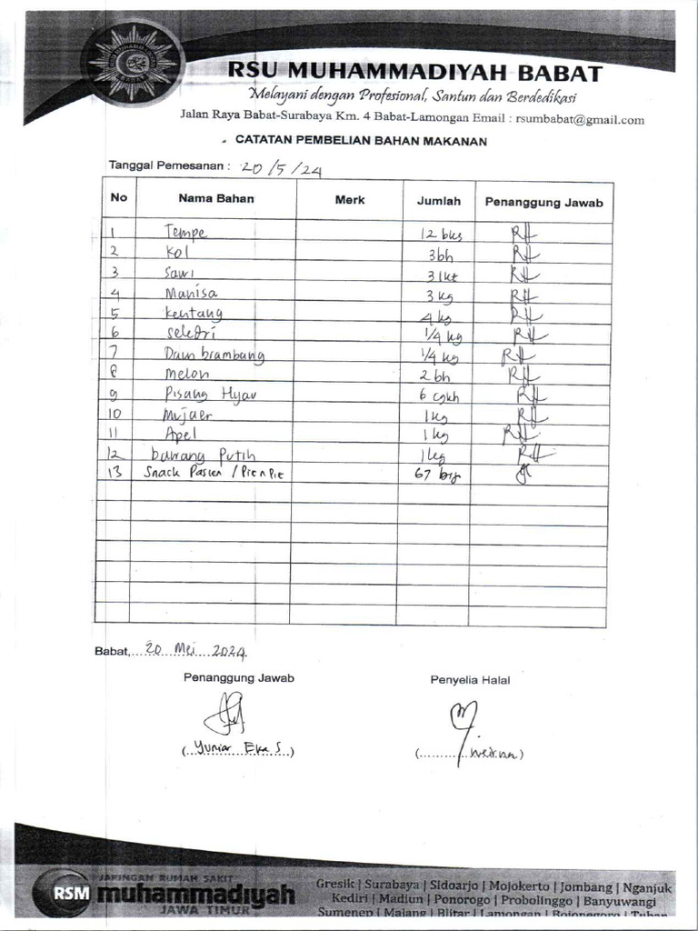 Catatan Pembelian Bahan Makanan (20 Mei 2024) | PDF