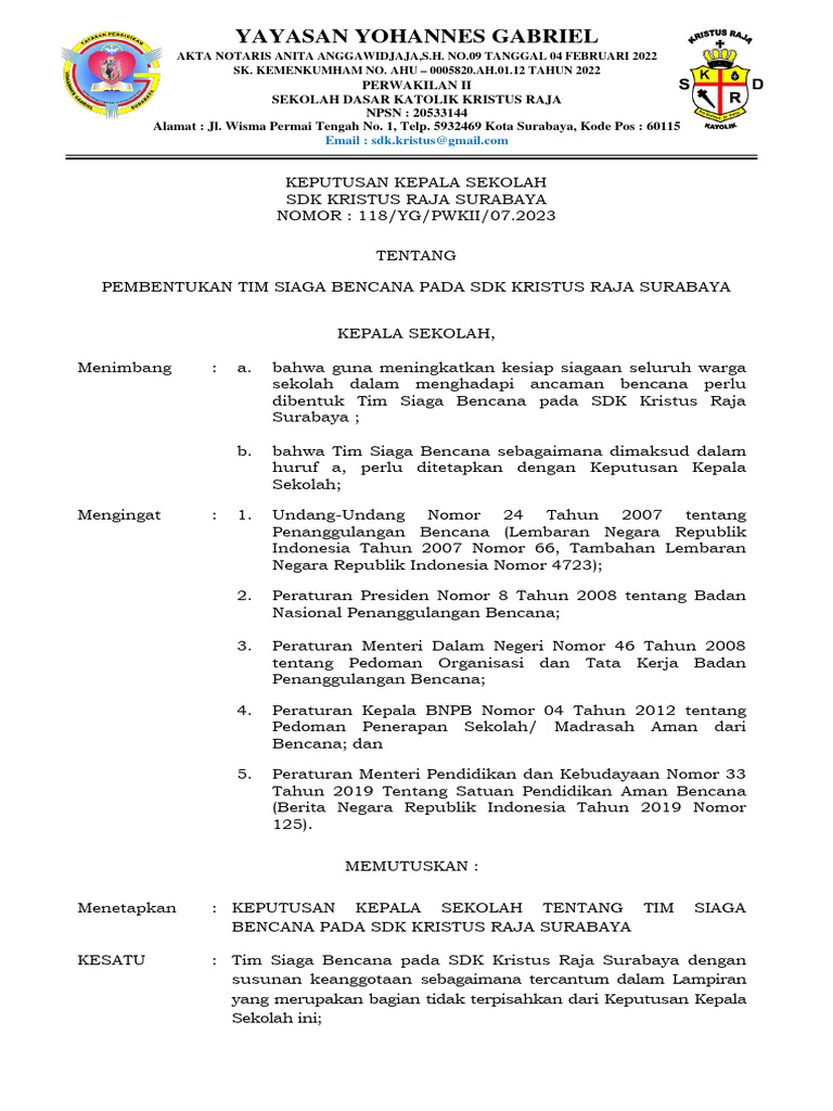 SK Tim Siaga Bencana Sekolah 2023 | PDF