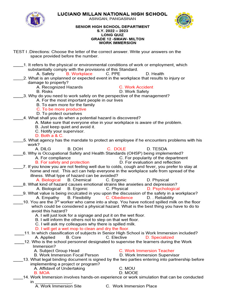 LONG QUIZ WORK IMMERSION | PDF | Occupational Safety And Health | Safety