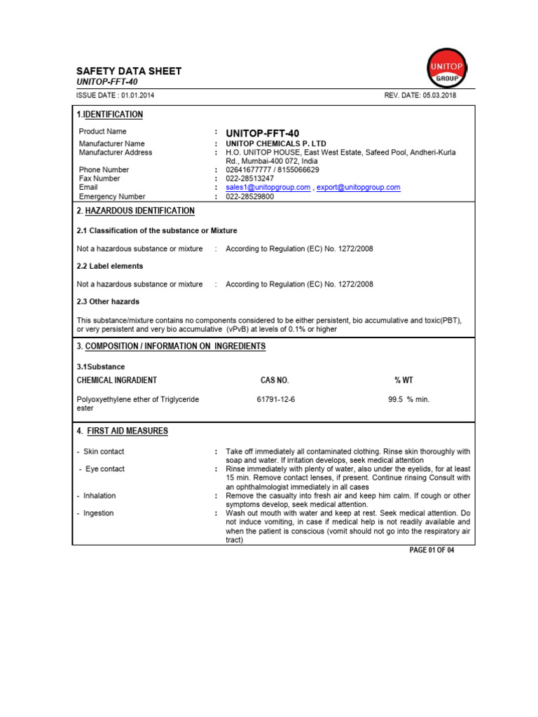 Unitop-Fft-40 MSDS | PDF | Dangerous Goods | Firefighting