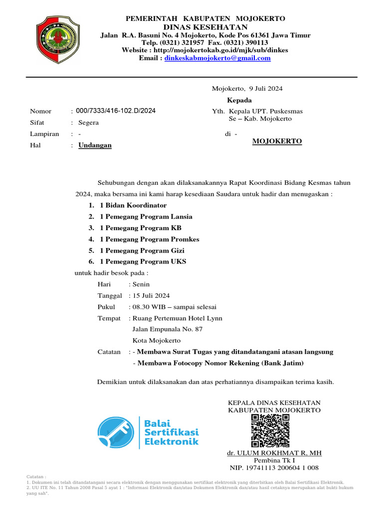 Undangan Rapat Kesmas Tanggal 15 Juli 2024 - TTD | PDF