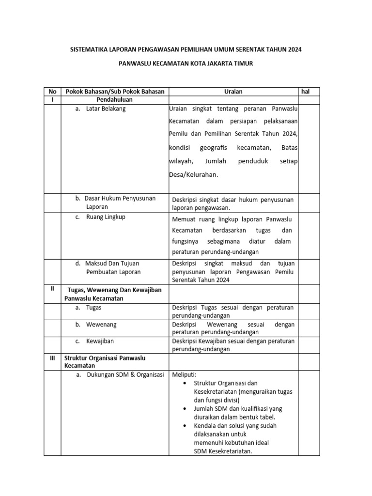 Sistematika Laporan Pengawasan Pemilu Serentak Tahun 2024 | PDF