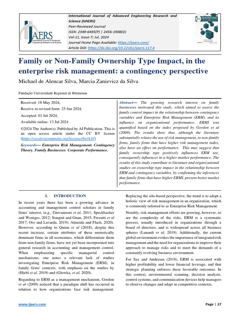 Family or Non-Family Ownership Type Impact, in The Enterprise Risk ...