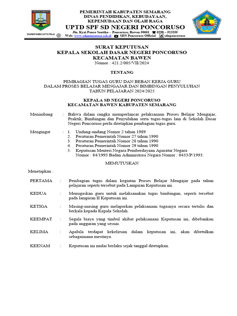 SK Pembagian Tugas Guru 2024-2025 1 | PDF