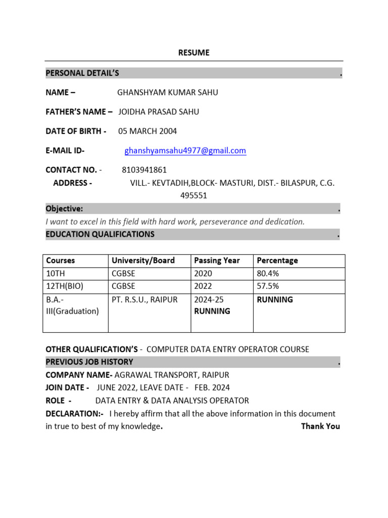 Ghanshyam Sahu Resume PDF | PDF