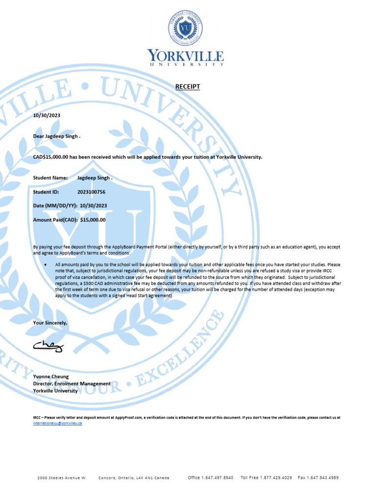 Yorkville University Tuition Receipt | PDF | Business