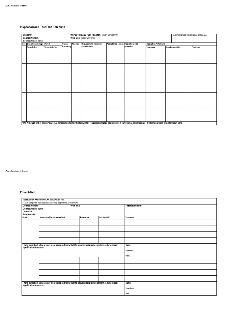 Inspection and Test Plan Template: Classification: Internal | PDF ...