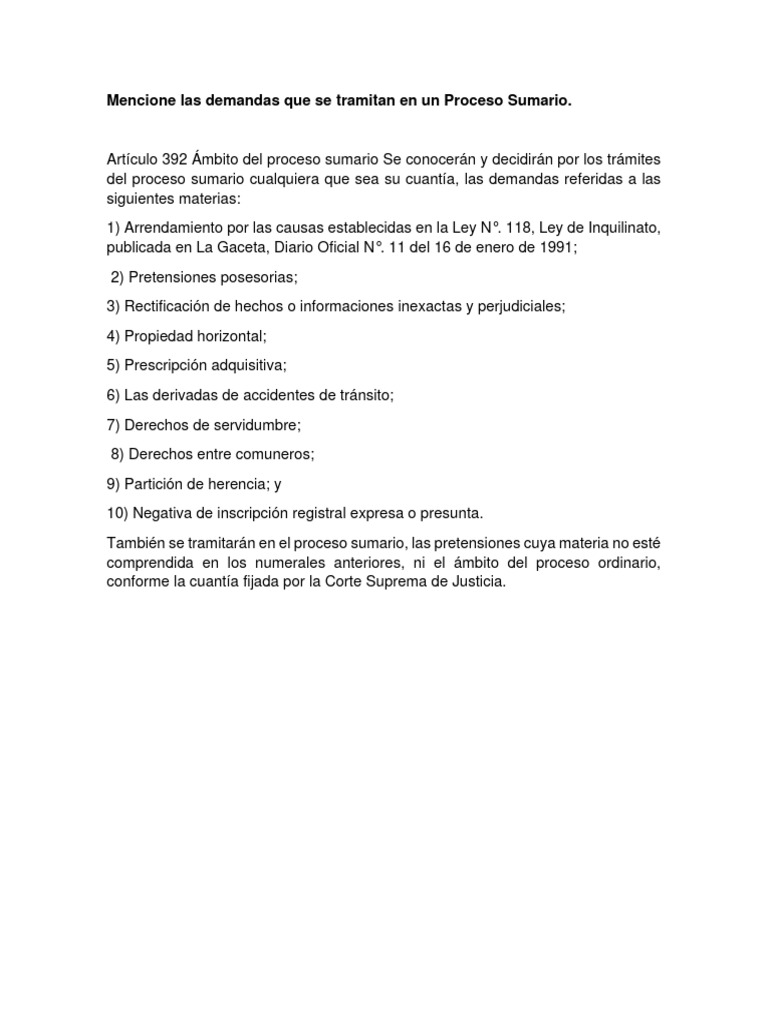 Demandas en Proceso Sumario: Tipos y Trámites | PDF | Demanda judicial ...