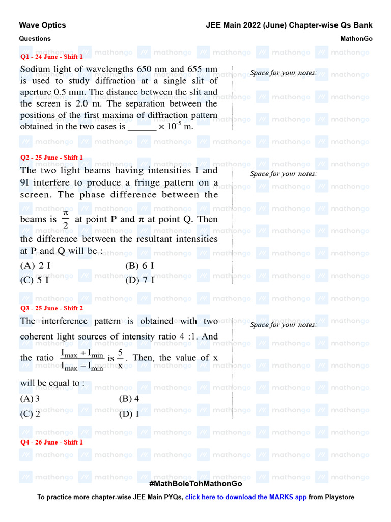 Wave Optics - JEE Main 2022 Chapter Wise Questions by MathonGo | PDF