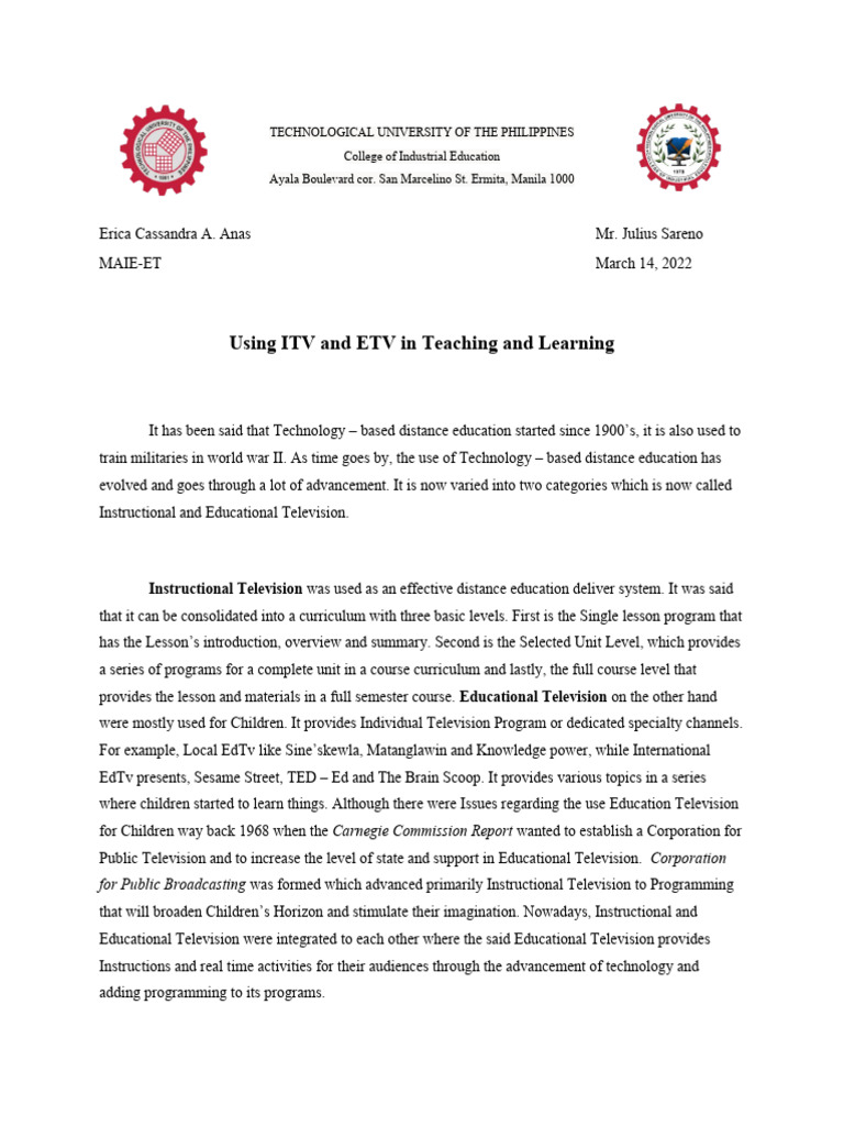 Term Paper - Using ITV and ETV | PDF | Teachers | Cognition