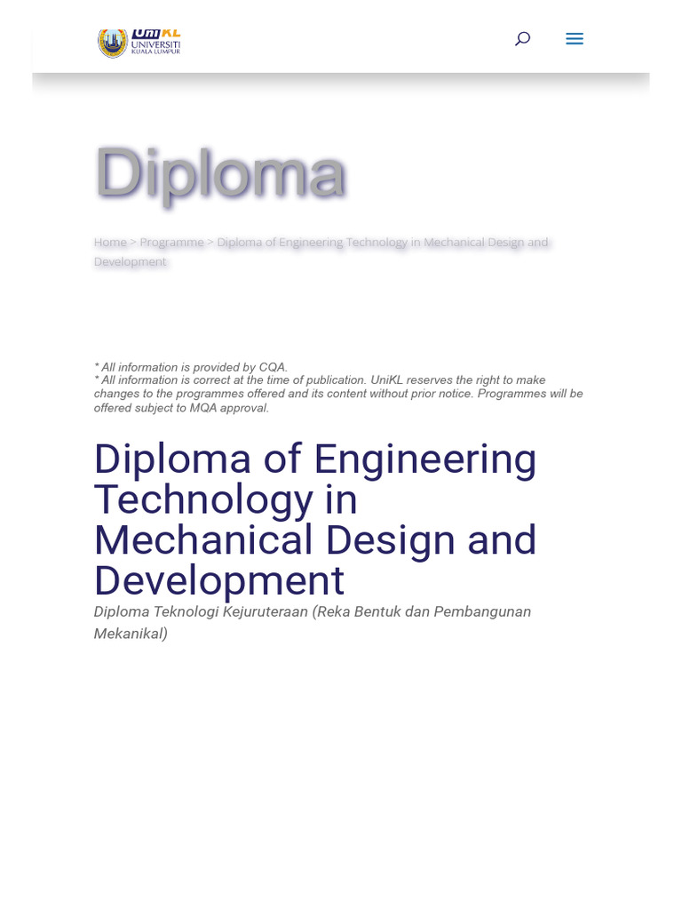 Diploma of Engineering Technology in Mechanical Design and Development - UniKL | PDF ...