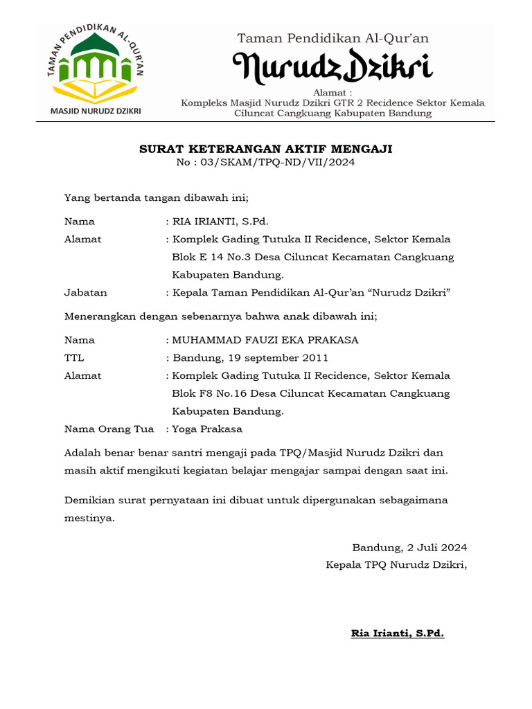 Surat Keterangan Mengaji Pdf
