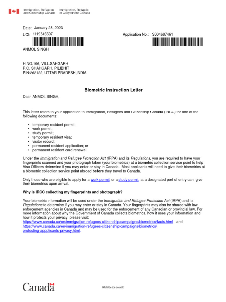 Biometric Instruction Letter: January 28, 2023 | PDF | Immigration Law ...