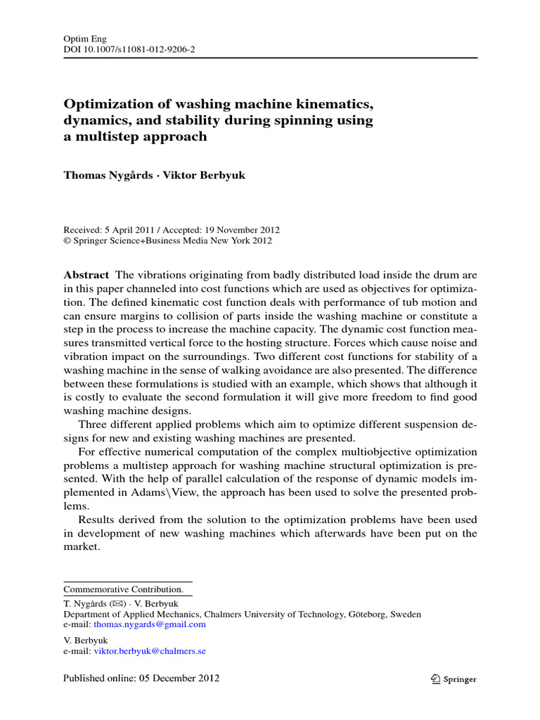 Optimization of Washing Machine Kinematics, Dynamics, and Stability ...