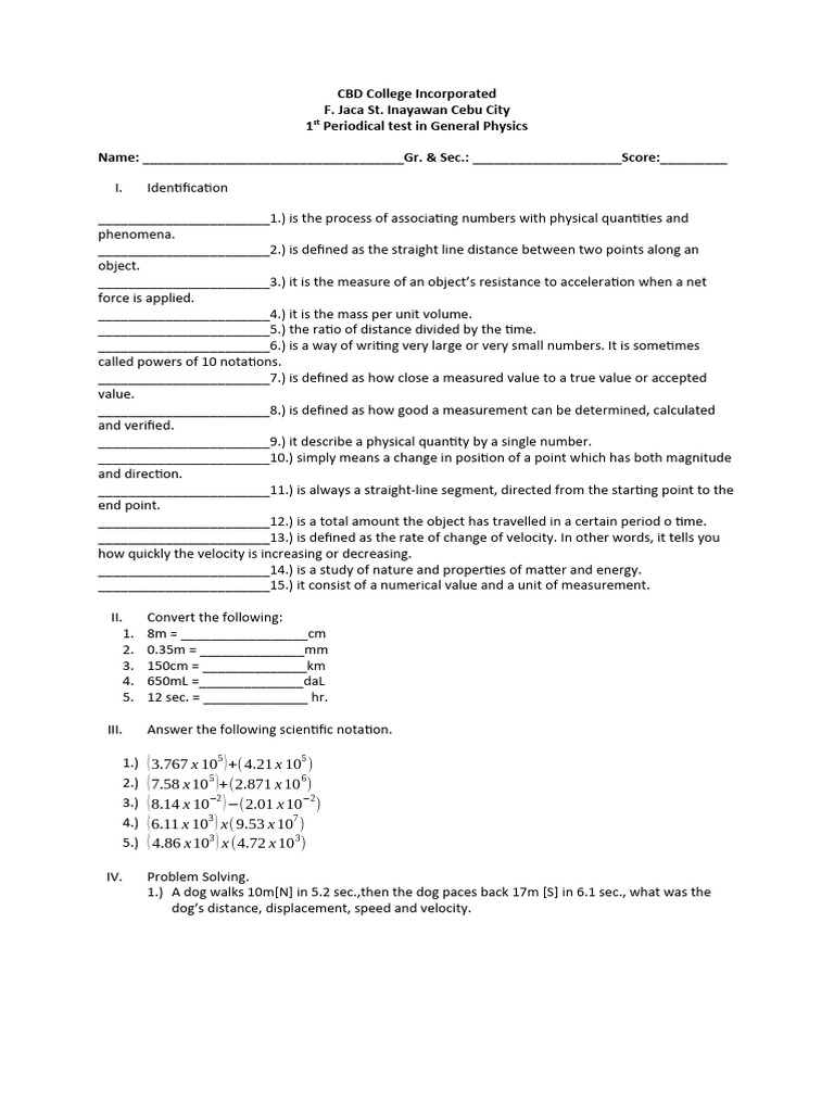 1st PRT Gen - Physics | PDF | Velocity | Measurement
