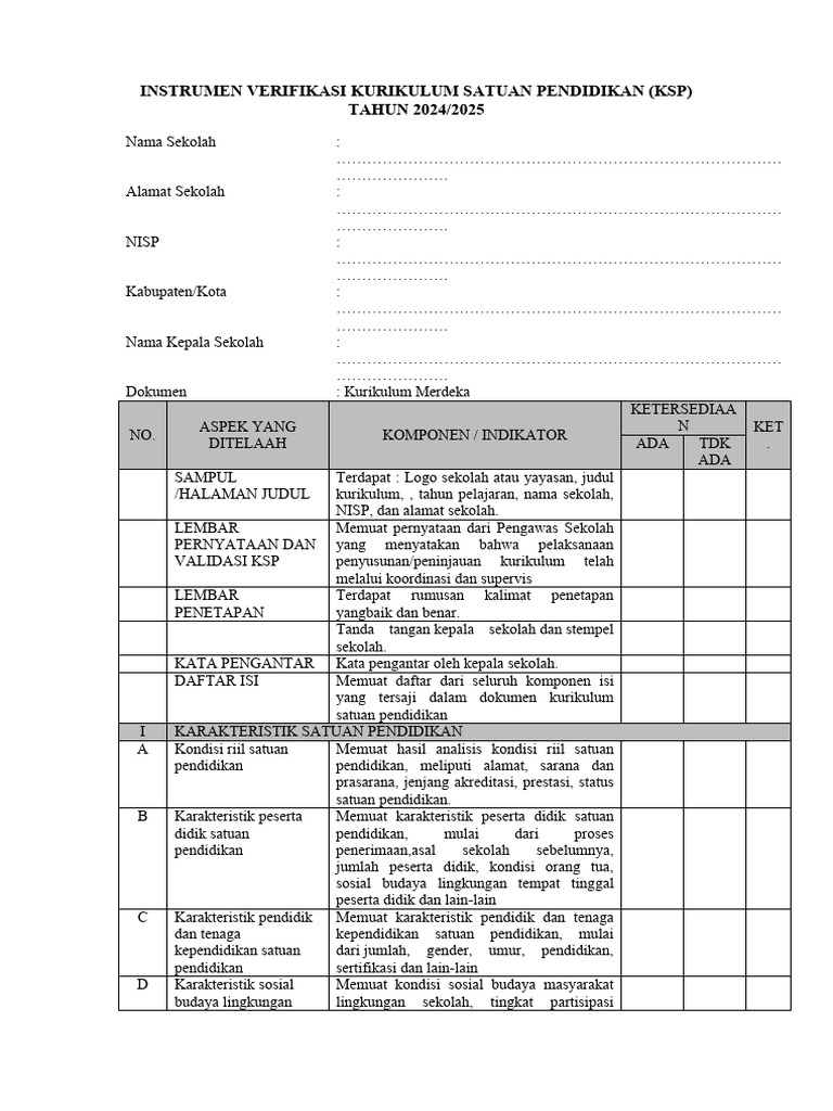 Instrumen Verifikasi Kurikulum KSP 2024 | PDF