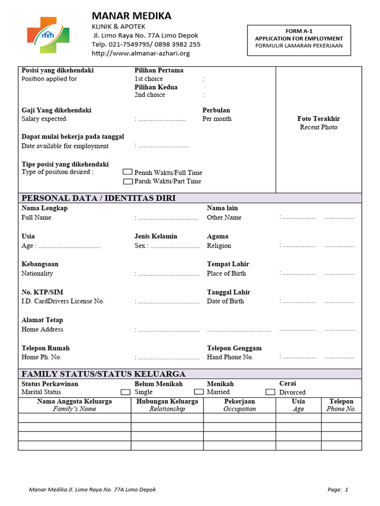 Form-A.1-Lembar Isian Calon Pegawai | PDF