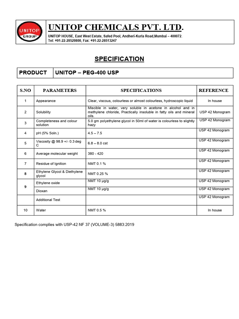Unitop-Peg-400 Usp Spec | PDF | Solubility | Chemical Substances