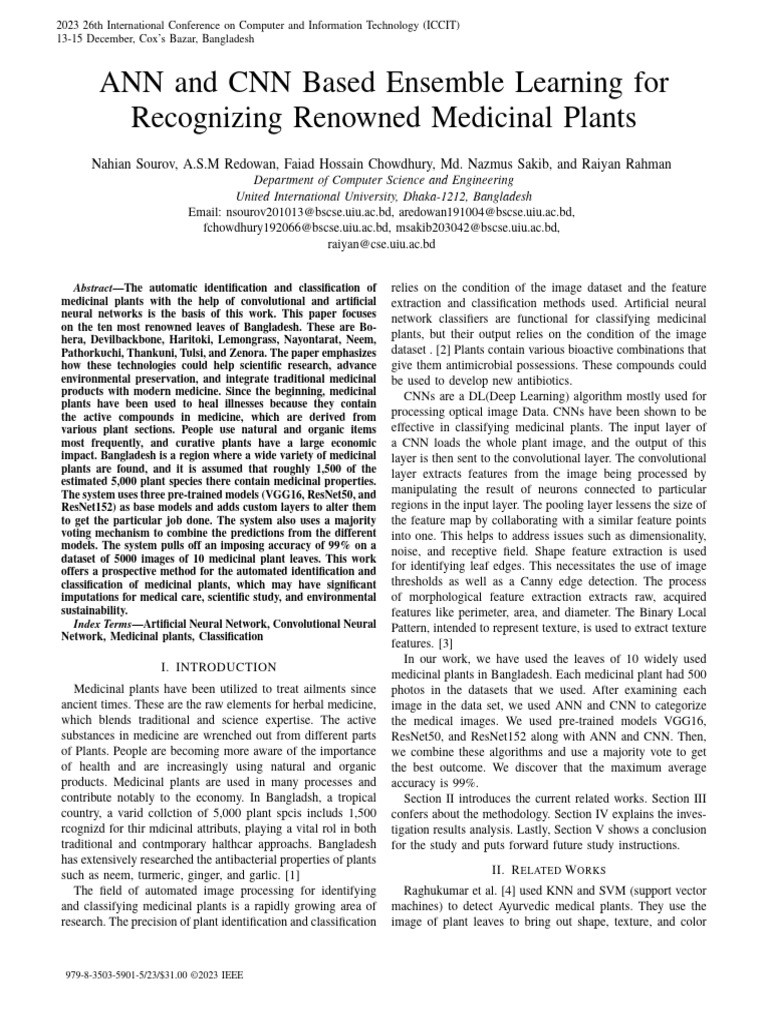 ANN and CNN Based Ensemble Learning For Recognizing Renowned Medicinal Plants | PDF | Artificial ...