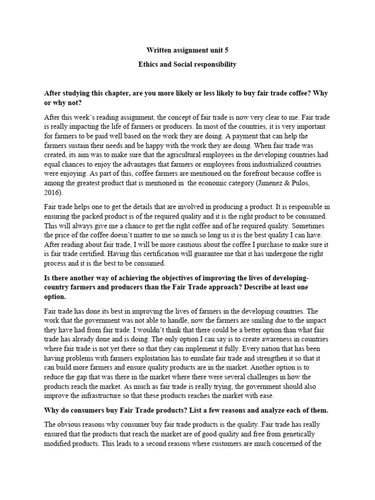 Written Assignment Unit 5 | PDF | Fair Trade | Economies