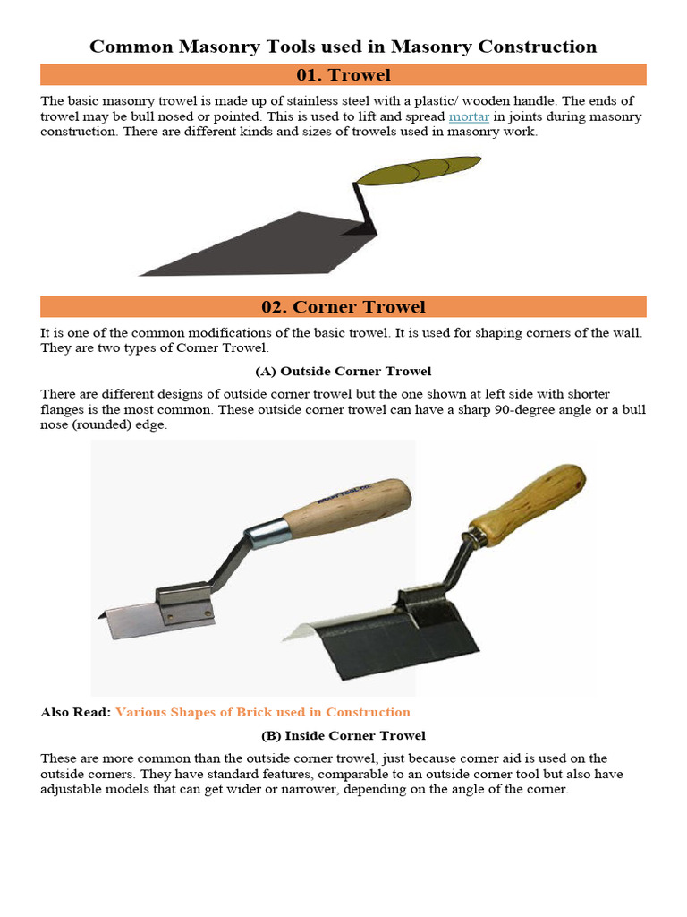 Common Masonry Tools Used in Masonry Construction | PDF | Tools