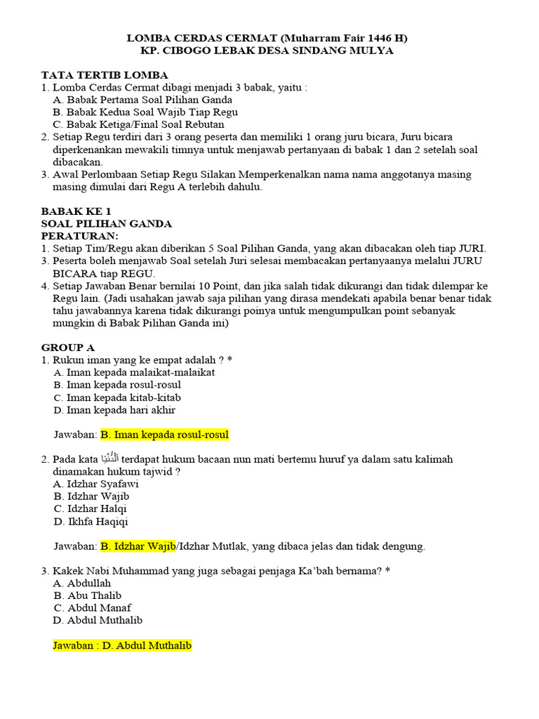 Soal Cerdas Cermat Perayaan Muharram 2024 | PDF