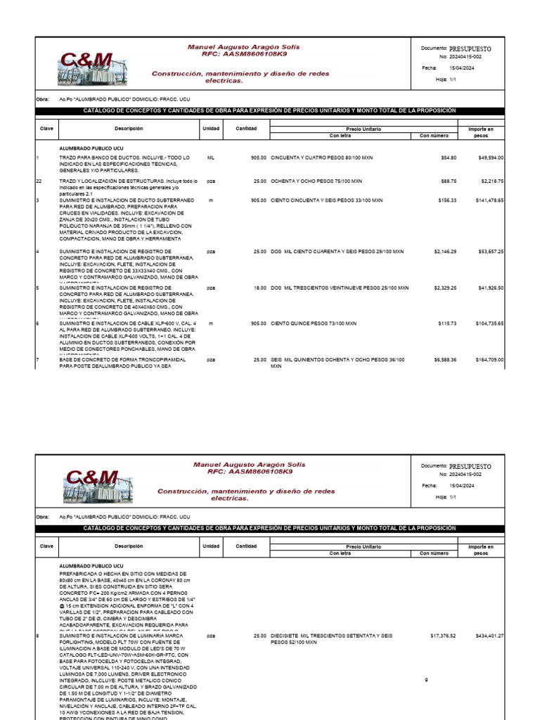 Presupuesto Alumbrado Ucu | PDF