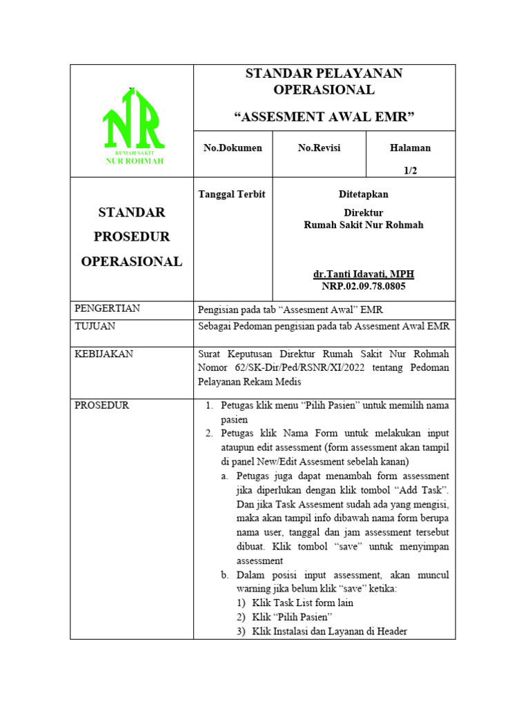 SOP ASSESMENT AWAL EMR | PDF