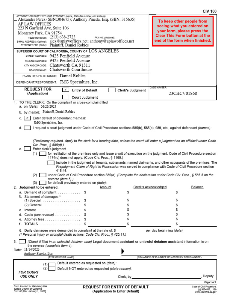 Request for Default Judgment Form | PDF | Default Judgment | Complaint